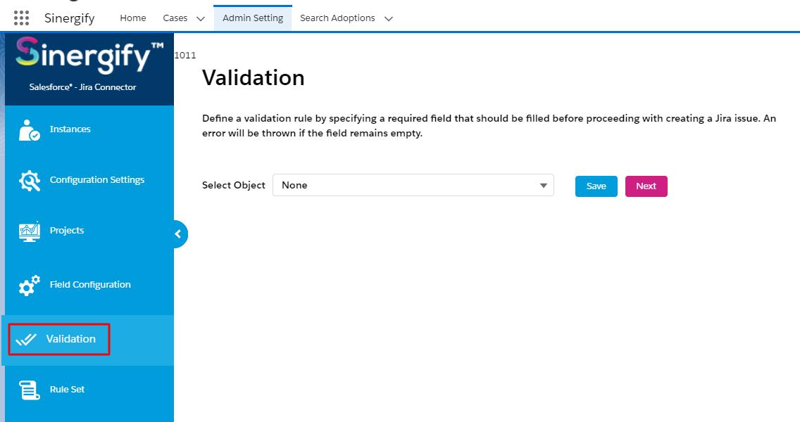 Validation Configuration | Sinergify | Integrating Salesforce & Jira