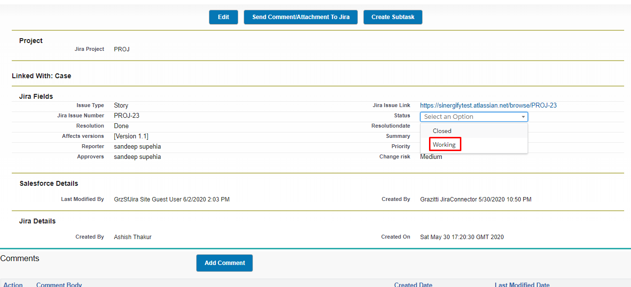 Status Transition | Sinergify | Integrating Salesforce & Jira